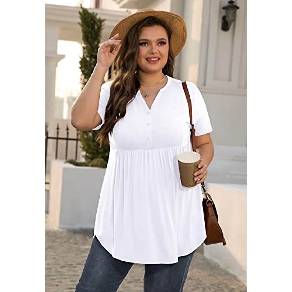 SHIJIALI Women's Plus Size Henley Shirts V Neck Button Tunic Tops Casual Short Sleeve Swing Flowy Blouse White-XX-Large