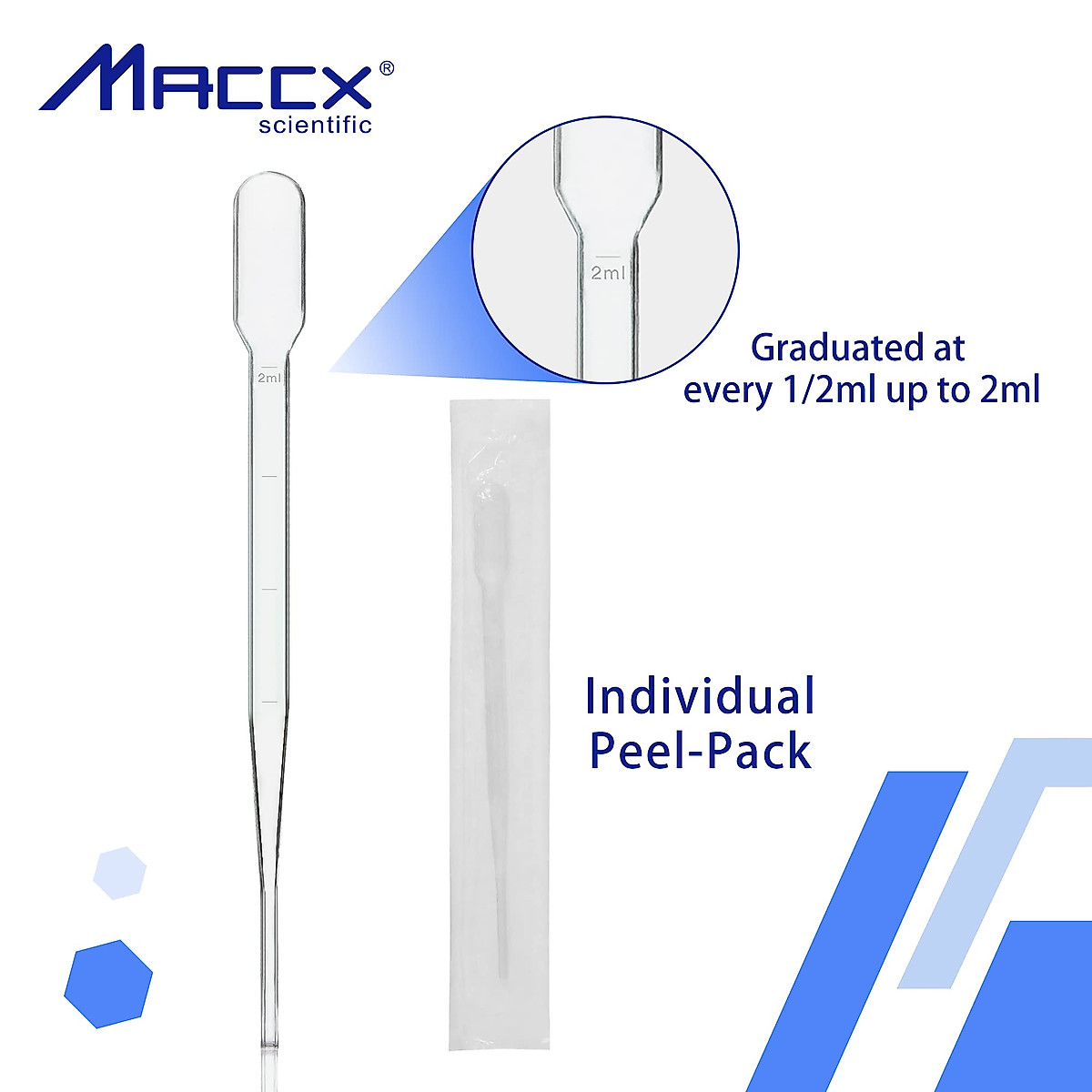 Maccx 100pcs Sterile Transfer Pipettes, Vol. 5ml, 2ml Graduated, 155mm Long, Essential Oils Pipettes, Low-Density Polyethylene Material, Individual Peel-Pack, TPP5155-100
