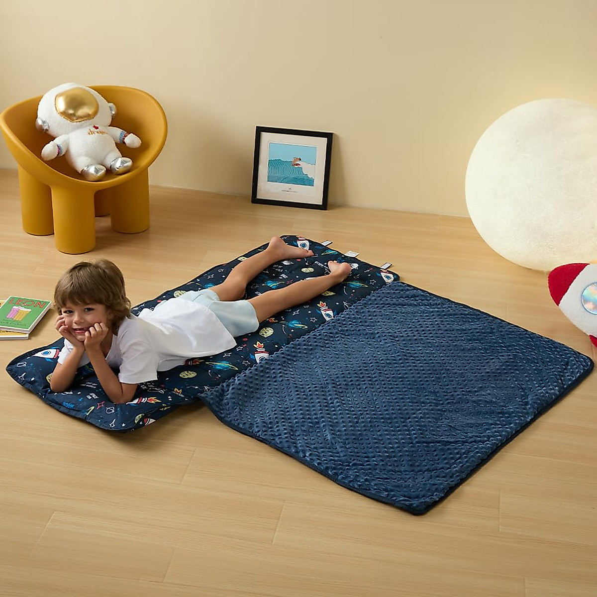 beeweed Toddler Nap Mat, Rollup Design Kid Sleeping Mat with Removable Pillow & Minky Blanket, Toddler Sleeping Bag for Daycare Preschool Travel Camping, Space Ship