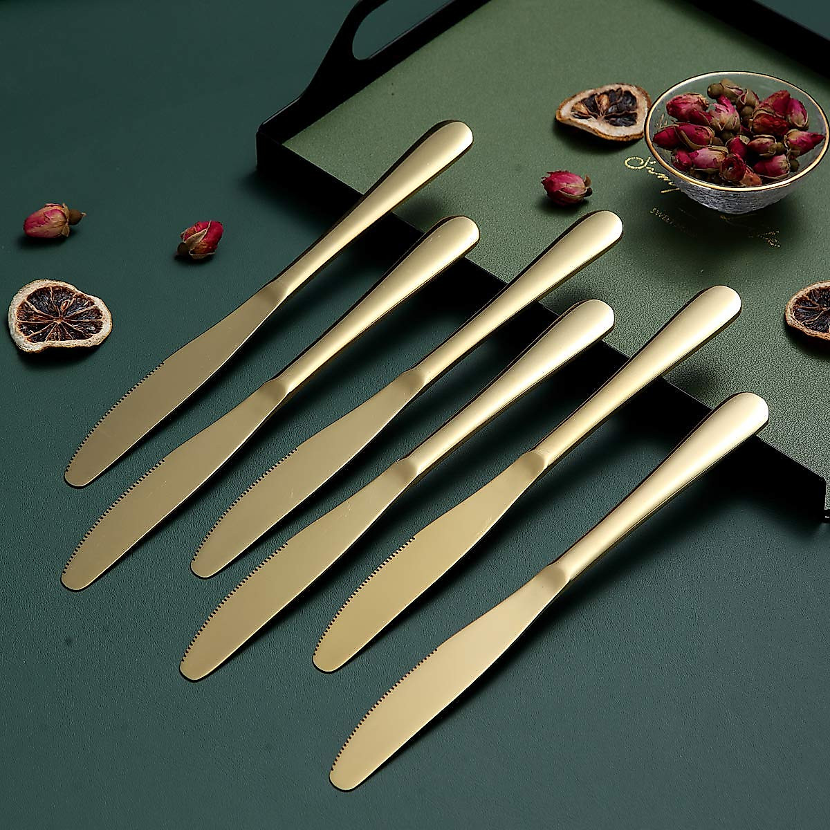 Gold Dinner Knives Set Of 12, Berglander Stainless Steel Titanium Plating Shiny Gold Dinner Knife, Butter Knife Spreader Table Knives Sturdy And Dishwasher Safe