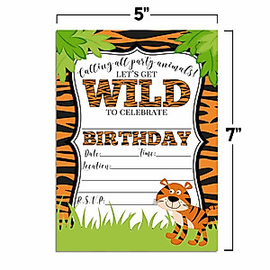 Tiger Birthday Party Invitations for a WILD time, 20 5x7 Fill In Cards with Twenty White Envelopes by AmandaCreation.