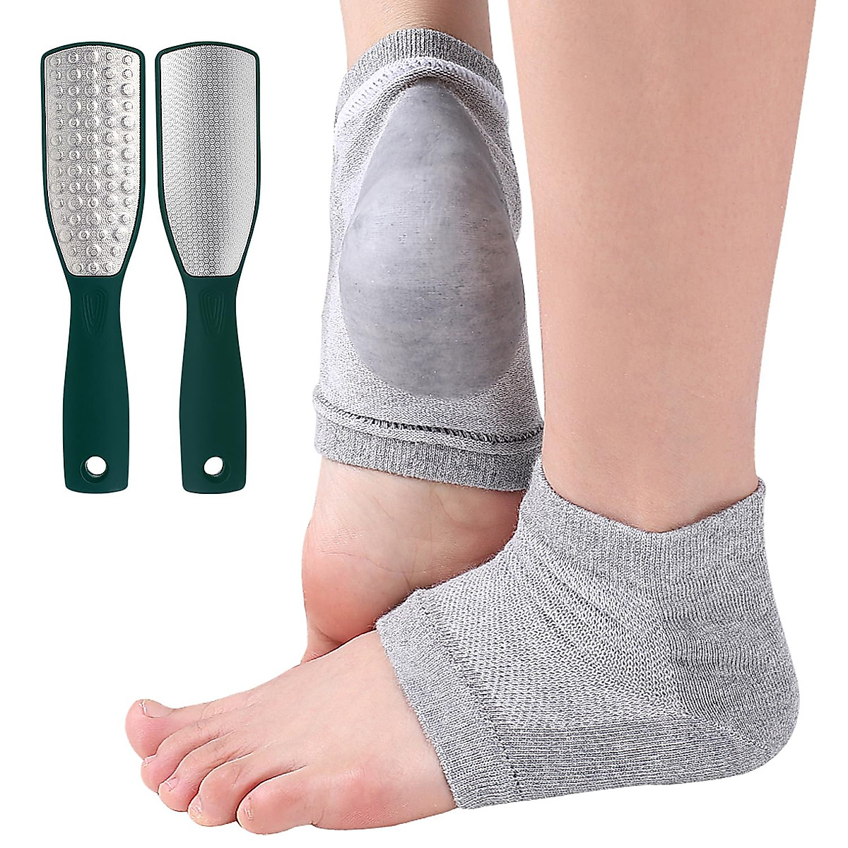 Foot File and Spa Socks Set, Foot Care Pedicure Stainless Steel File, Gel Lined Toeless Spa Socks, Moisturizing Heel Socks (Green+Grey)