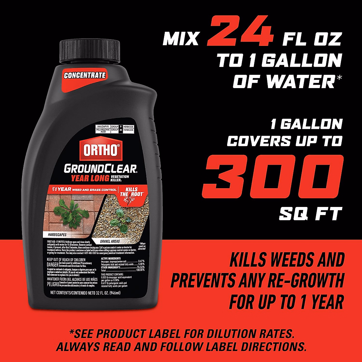 Ortho GroundClear Year Long Vegetation Killer1, Concentrate, Kills Tough Weeds and Prevents Re-Growth Up to 1 Year, 32 oz.