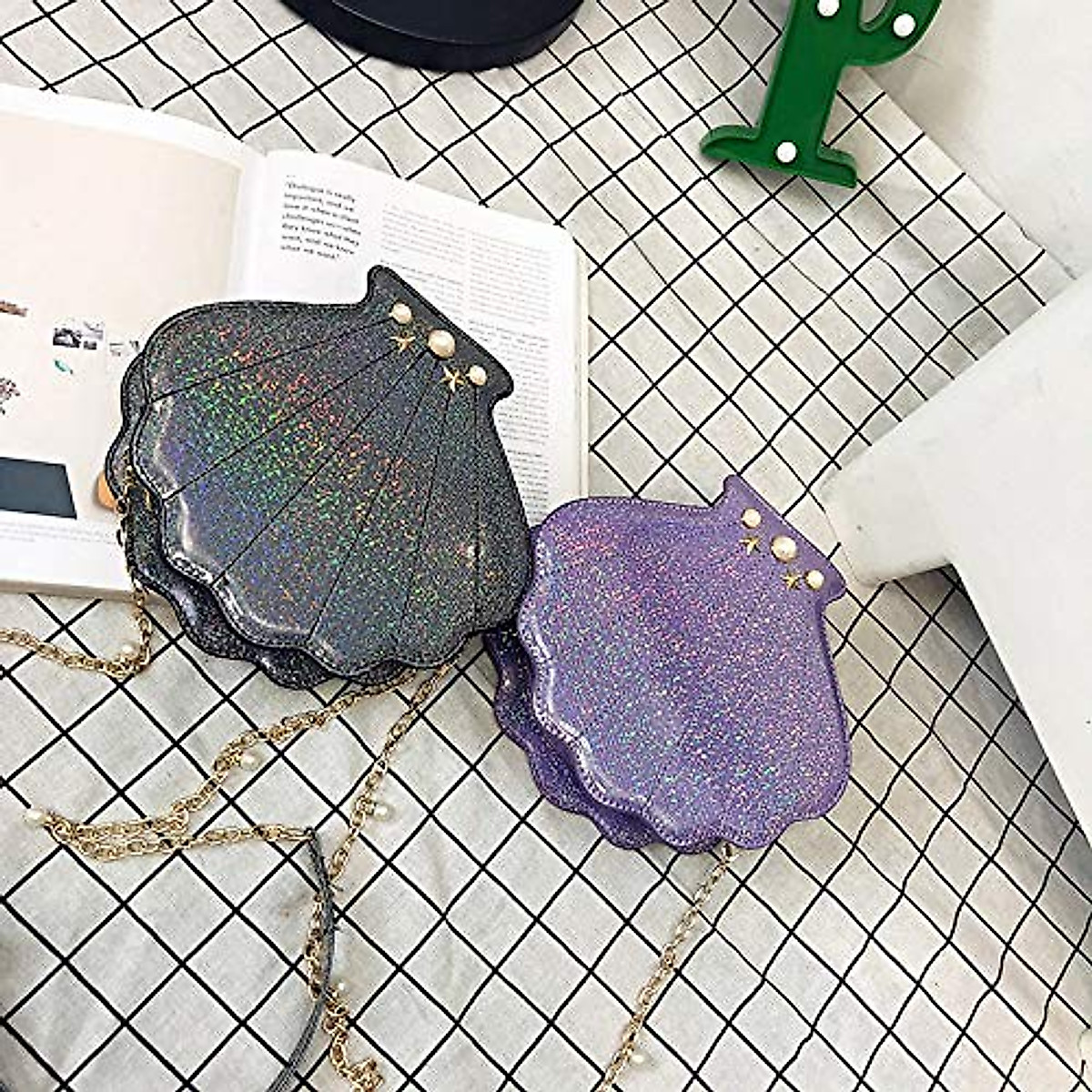 Hologram Laser Shell Shoulder Bags Pearl Cross-body Chain Purse Bags for Womens(Purple)