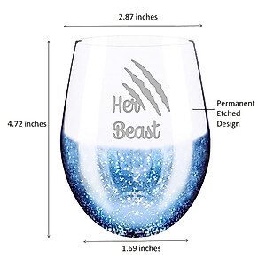 Valentines Day Gifts for Husband from Wife, His Beauty Her Beast Hand Etched Stemless Glitter Wine Glass Idea Gift for Couple