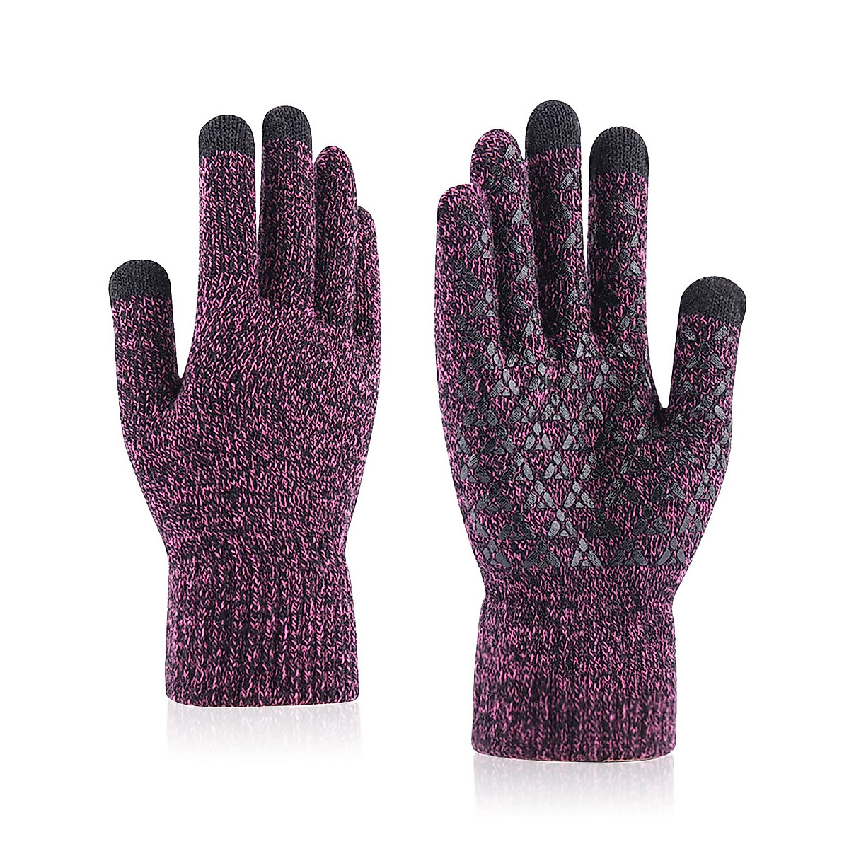 FuninCrea Winter Knit Gloves, Men Women Touch Screen Cold Weather Gloves, Full Finger Soft Warm Anti Slip Gloves for Hiking, Fishing, Cycling (Black-Pink, Large)