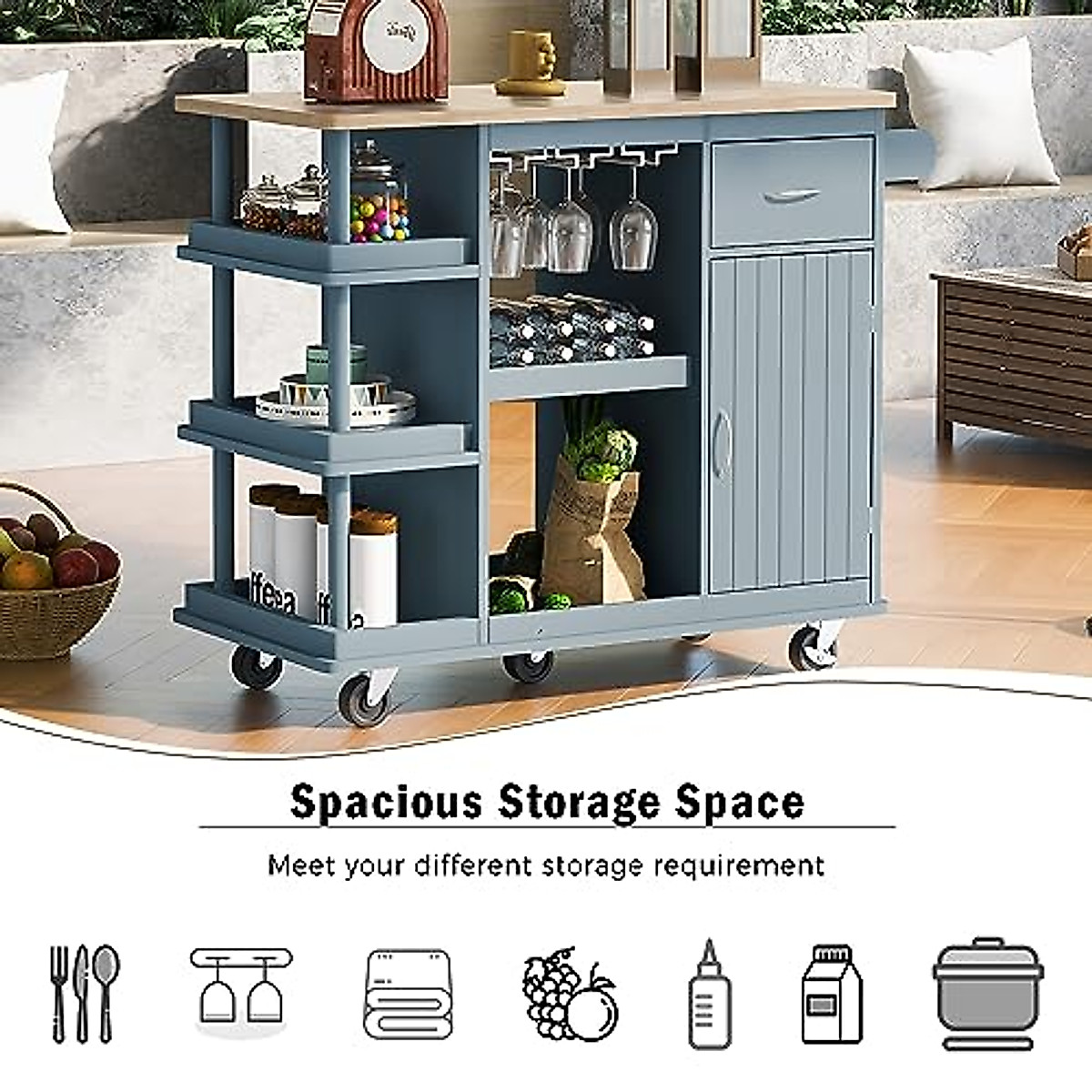 Plebs Home Multipurpose Kitchen Cart Cabinet, with Side Storage Shelves, Rubber Wood Top, Adjustable Storage Shelves, 5 Wheels, Kitchen Storage Island with Wine Rack, for Dining Room, Home - Gray Blue