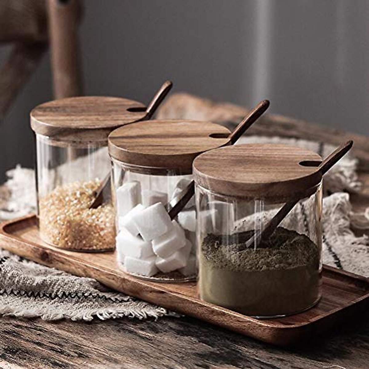 Hovico Condiment Container Seasoning Box Set, with Wooden Spoon Lid and Base, Salt Sugar Spice Pepper Condiment Container Jar Set of 3