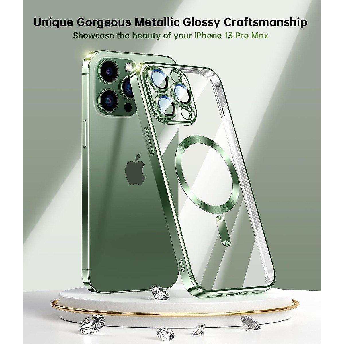 Waldeng for iPhone 13 Pro Max Case with Integrated Camera Lens Protection, [Seamless Work with Magsafe] [Metallic Glossy Soft Bumper], Diamond Clear Stylish Case for iPhone 13 Pro Max, Alpine Green