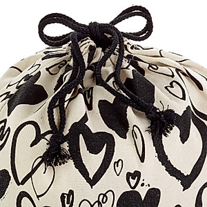 Hallmark 19" Large Canvas Bag with Drawstring (Ivory with Black Hearts) for Valentines Day, Weddings, Bridal Showers, Anniversary and More