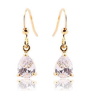 Dangle Drop Pierced Earrings with Pear Cut CZ White Cubic Zirconia in 18K Yellow Gold Plated, Simple Modern Elegant