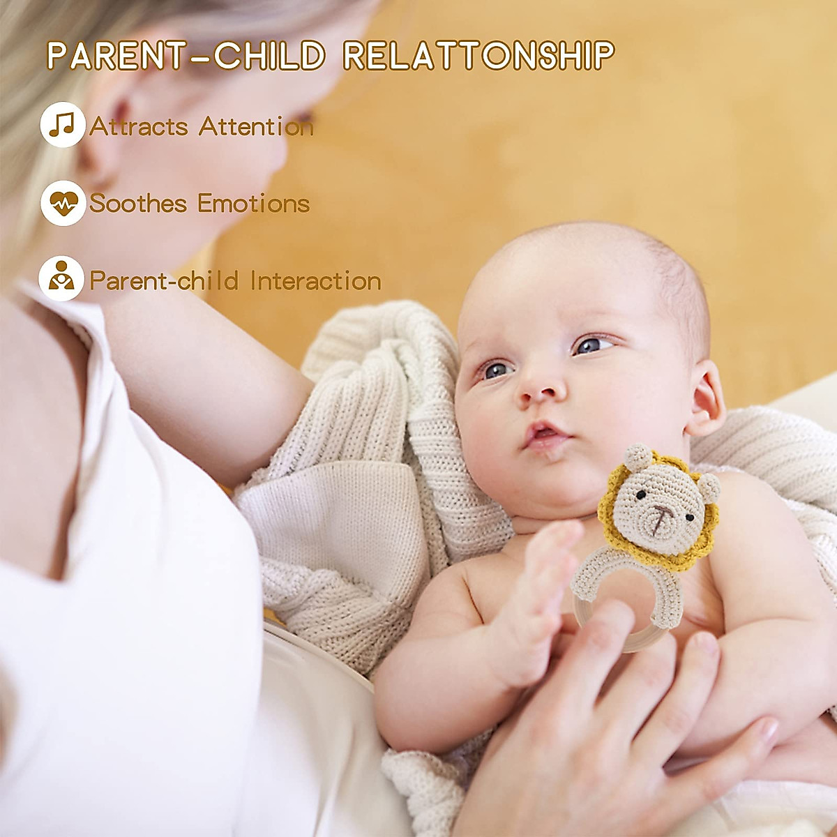 Youuys Wooden Baby Rattle Toys, Easter Rattle for Baby Crochet Lion Rattle Toy Natural Wood, Shaker Rattle for Hand Grips, Boy Girl First Rattle Gift, Newborn Gifts (Lion)