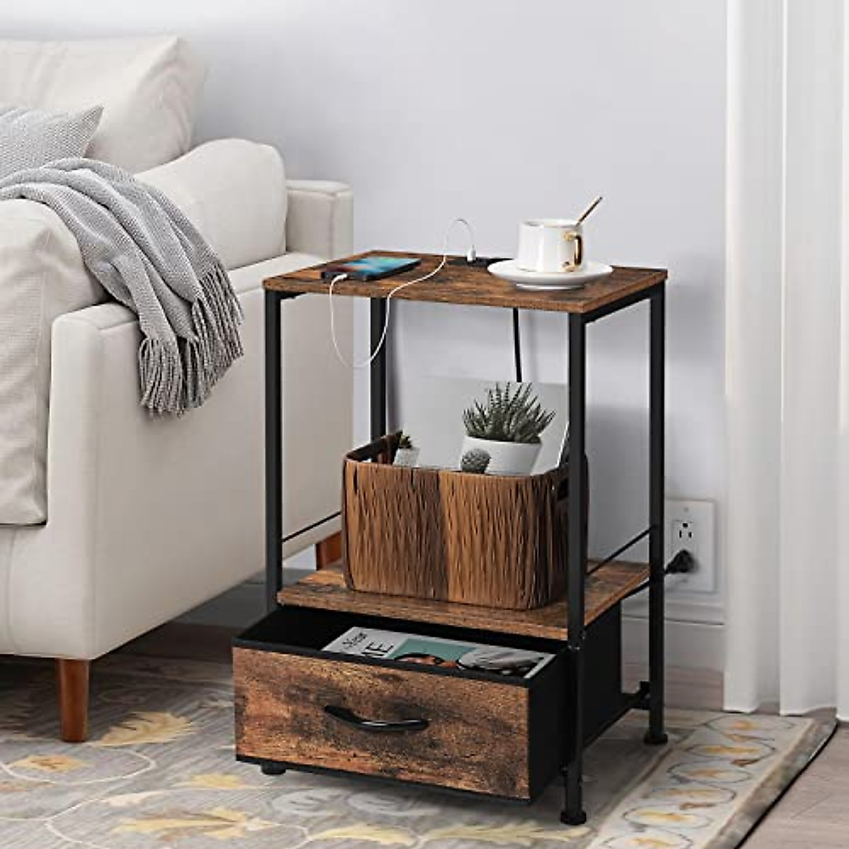 Nightstands for Bedrooms Set of 2 Night Stand with Charging Station End Side Table with Power Outlets for Living Room End Table with Drawer Storage Small Bedside Tables for Small Spaces, Rustic Brown