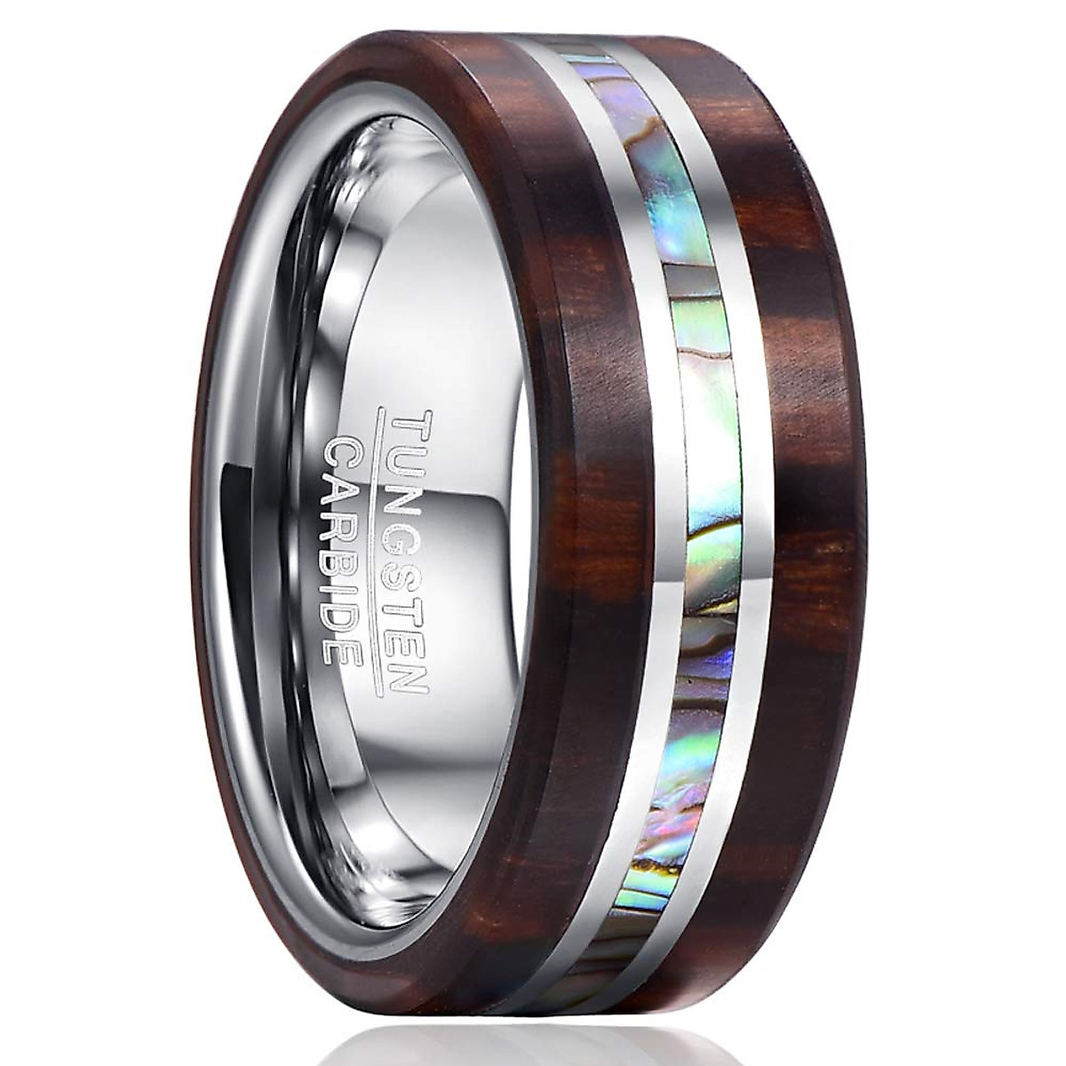 Vakki Unisex Tungsten Carbide Promise Rings for Him Wood and Abalone Shell Inlay Wedding Band Comfort Fit Size 10.5