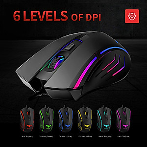 Havit Gaming Mouse RGB Wired,6 Adjustable DPI(800-1600-2400-3200-4800-6400) USB Ergonomic Computer Mice with 6 Buttons for Laptop PC Gaming (RGB)