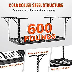 VEVOR Overhead Garage Storage Rack, 4x8 Garage Ceiling Storage Racks, Heavy Duty Adjustable Cold Rolled Steel Racks for Garage Storage, Organization, 600 lbs Load Capacity, 22''-40" (Black)