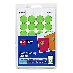 Avery Removable Print or Write Dot Stickers 3/4 Inch, Neon Green, Pack of 1008 Round Stickers (5468)