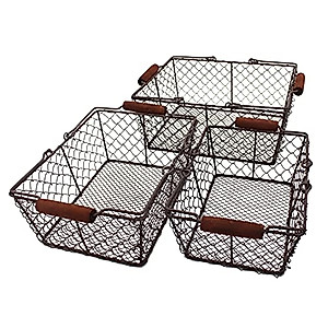 CVHOMEDECO. Primitive Chicken Wire Gathering Baskets with Wood Handle Rectangular Farmhouse Storage Baskets Set, Rusty, Set of 3