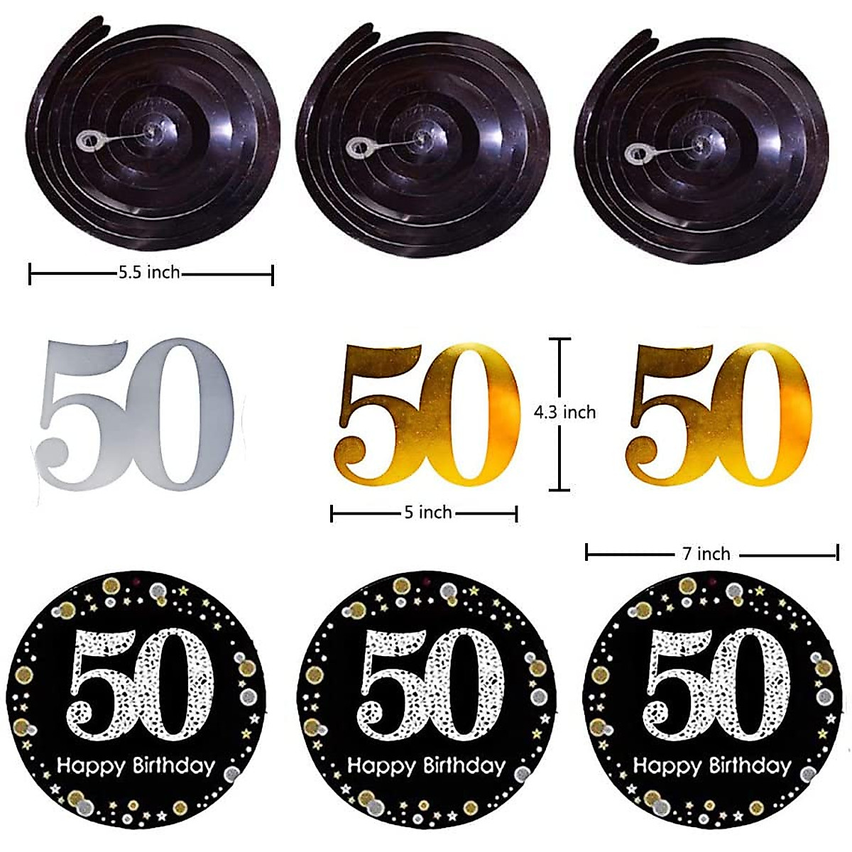 Black Gold Birthday 50 Hanging Swirls Decorations,Happy 50th Year Old Birthday Swirls Supplies,Fifty Birthday Party Hanging Swirl Happy Birthday Sparkling Celebration