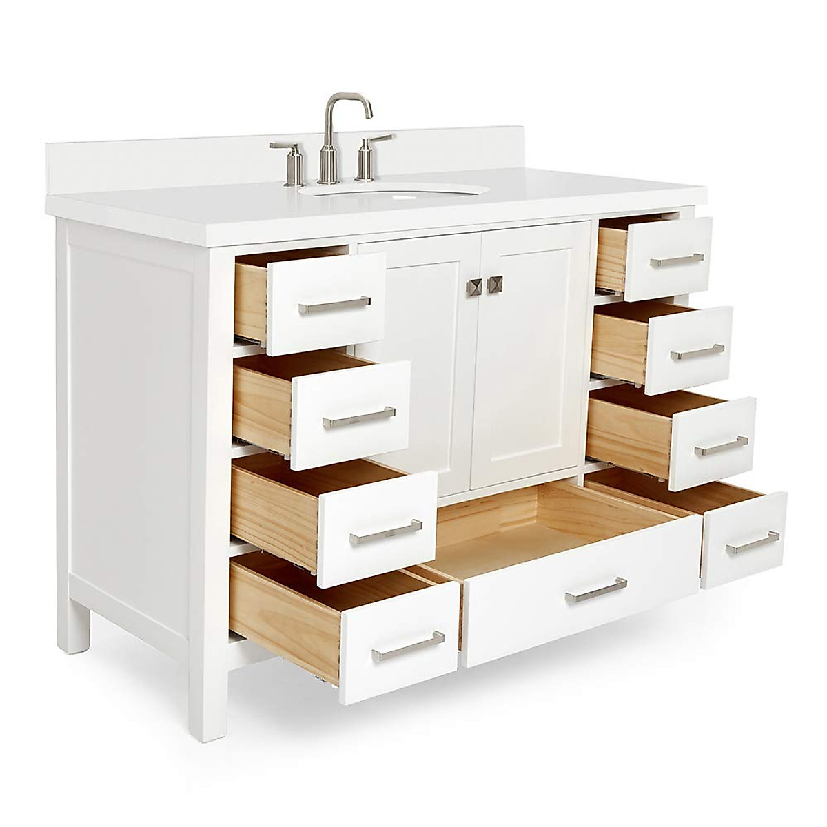 ARIEL 49" White Bathroom Vanity with 1.5" Edge Pure White Quartz Countertop & Backsplash, Center Oval Sink, 2 Soft Closing Doors, 9 Full Extension Dovetail Drawers, Brushed Nickel