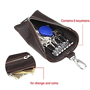 LFWATAXY Genuine Leather Key Holder Case - 6 Hooks with Coin Layer - Key Fob Cover - Ridge Key Holder - Leather Car Keychain