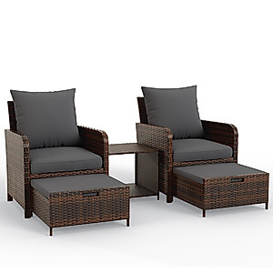 UDPATIO 5 Piece Patio Furniture Set, Outdoor Patio Conversation Rattan Chair with Ottomans w/Storage Coffee Table for Patio, Space Saving Design for Balcony Poolside Front Porch Deck, Navy