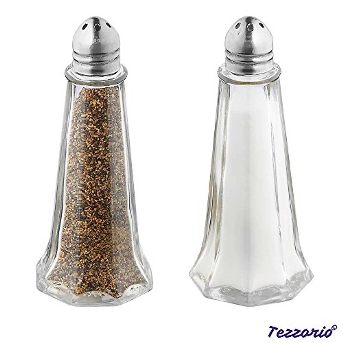 (Set of 12) 1 oz. Tower Salt and Pepper Shakers, Tall Glass Body Mini Salt and Pepper Shakers for Restaurant by Tezzorio