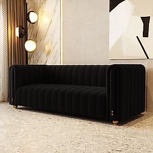 STORFENBOR 81" Black Velvet Sofa Mid Century Modern Couch for 3 Person Chesterfield Tufted Velvet Couches for Living Room Apartment Bedroom Office