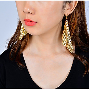 Suyi Trendy Women Earrings Metal Mesh Grid Sequins Tassel Long Drop Dangle Earrings Gold