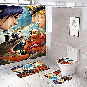 4 Piece Cool Anime Shower Curtain Sets with Non-Slip Rugs, Toilet Lid Cover, Bath Mat and 12 Hooks, Bathroom Decor Set Accessories Waterproof Shower Curtains