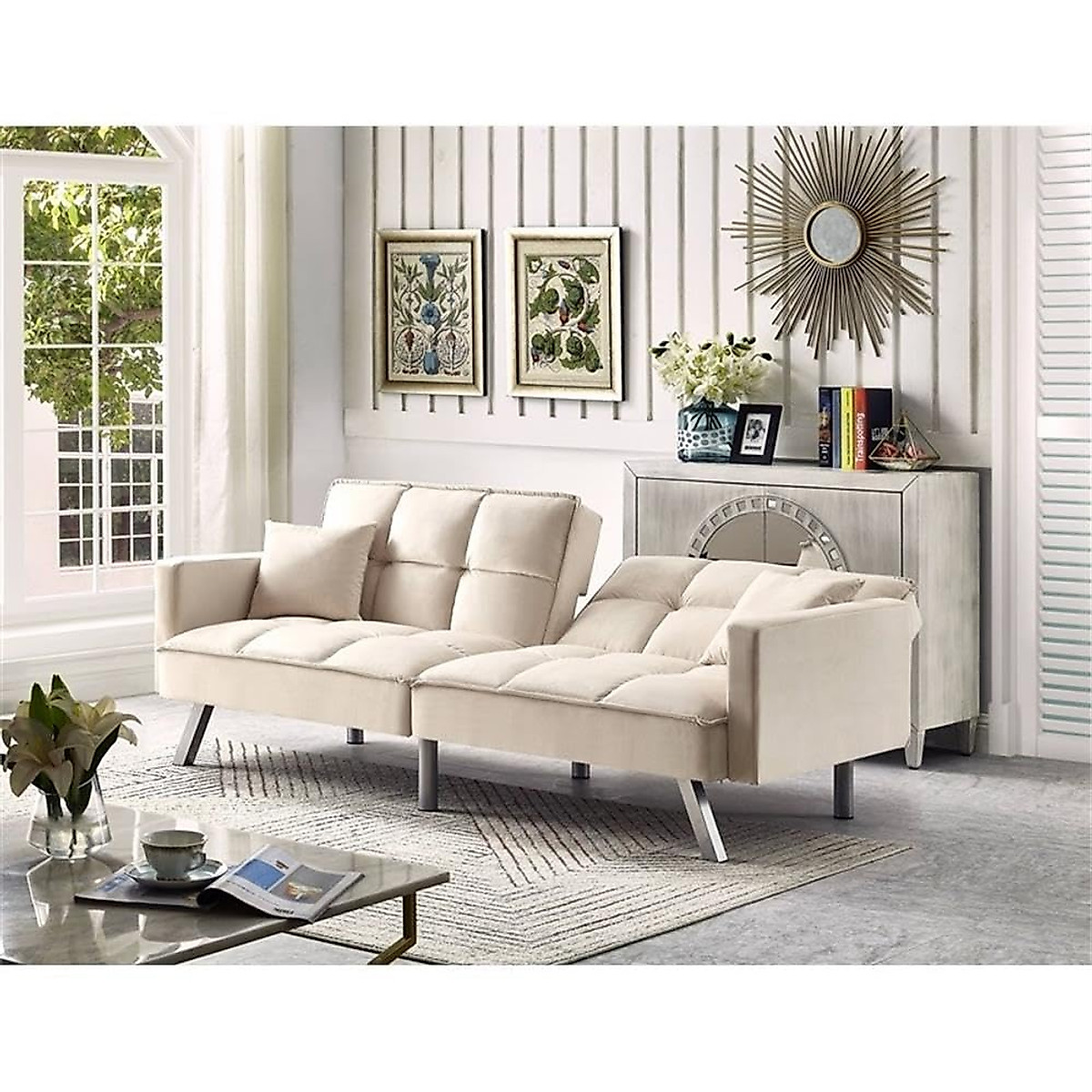 Legend Furniture 80'' Velvet Fabric Convertible Futon Bed with Two Pillows, Sleeper Sofa Couch with 3 Adjustable Backrests, Large Sleeping Area Sofabed, Cream