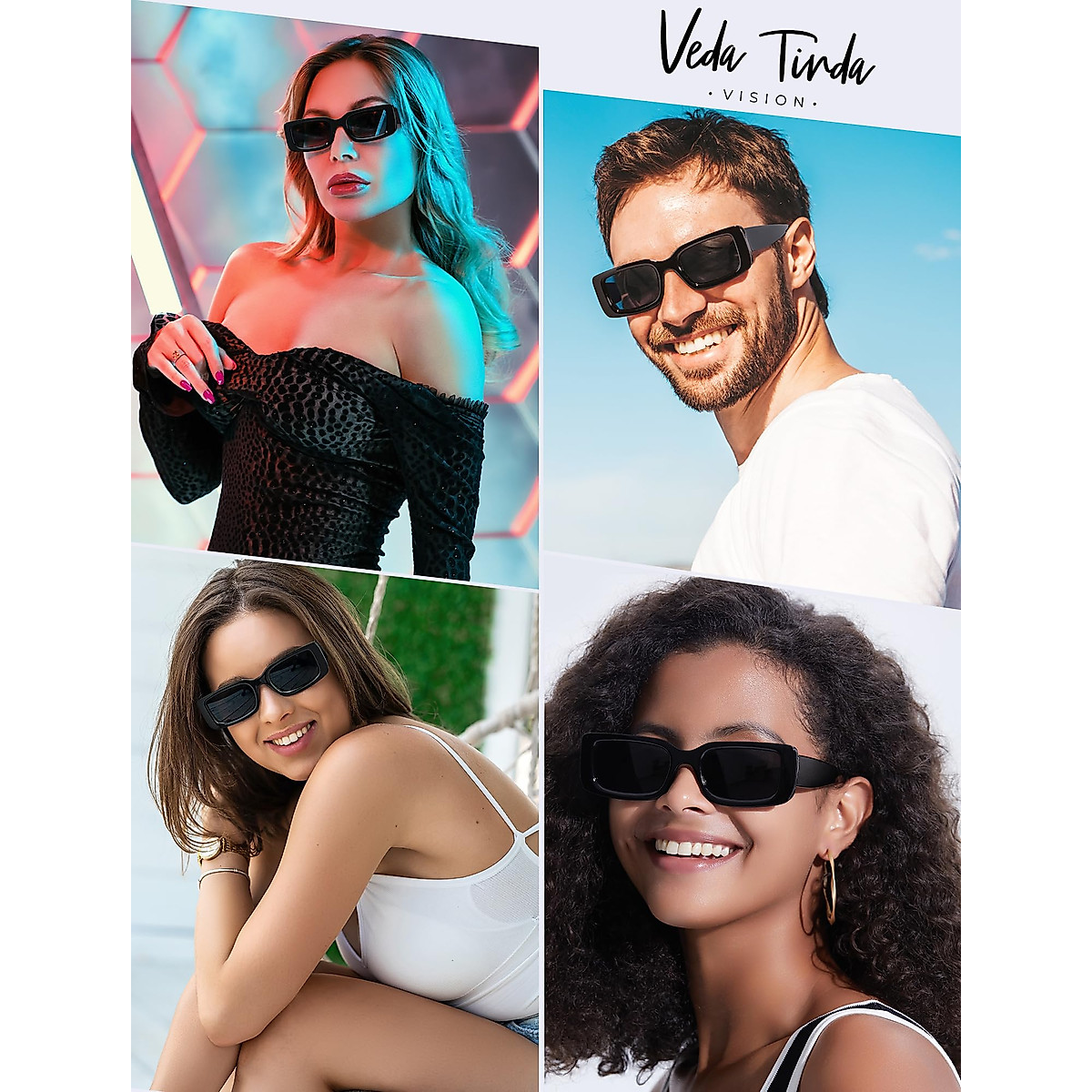 Veda Tinda Vision Rectangle Sunglasses Black Trendy Retro 90s Square Vintage y2k Sunglasses for Women Polarized Men Sunglasses UV Blocking Skin C01S01