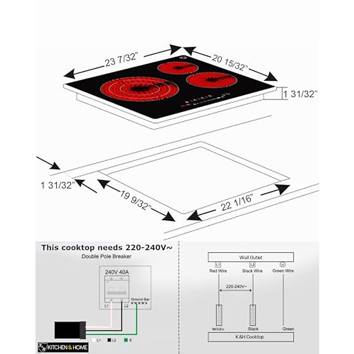 K&H 3 Burner 24 Inch Built-in Electric Stove Top Radiant Ceramic Cooktop Touch SLIDER Control 240V 6600W CE24-6605SL