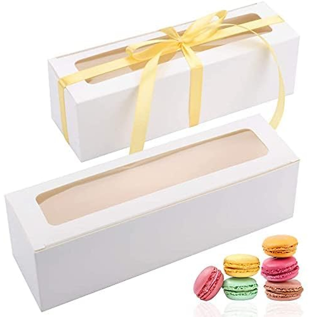 NPLUX 25 Pack Macaron Boxes for 5-7 Macarons Cookie Candy Strawberry Boxes Macaron Container Packaging Boxes with Ribbon for Gift Giving(White)