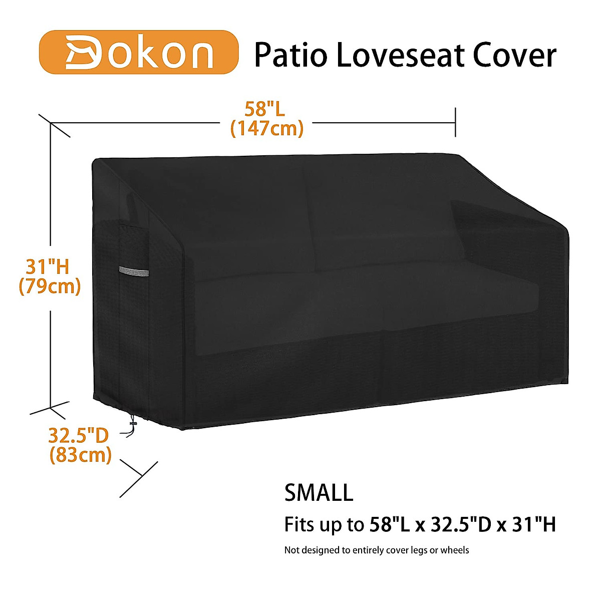Dokon 2-Seater Heavy Duty Patio Bench Loveseat Covers Waterproof Outdoor Sofa Cover Anti-UV 600D Oxford Fabric Lawn Patio Furniture Covers with Air Vent, Standard (58"L x 32.5"D x 31"H) - Black