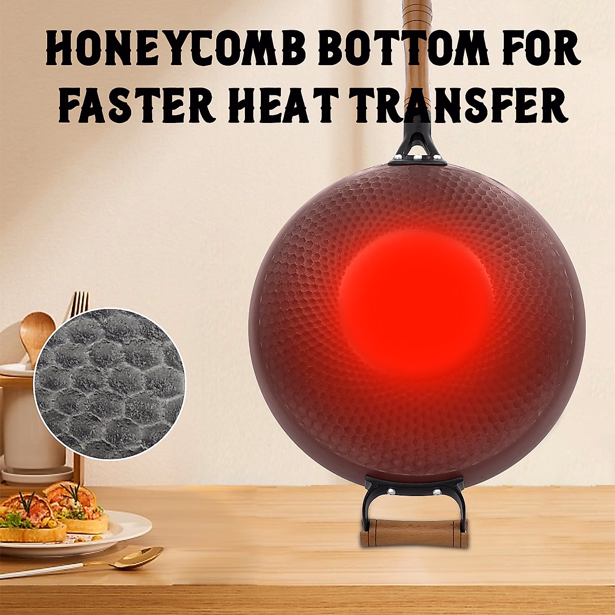 Cast Iron Wok 12.6 Inch Nitriding Process to Prevent Rust, Lotus Ripple Instant Heat Pre-Seasoned Stir Fry Pan with Helper Handle