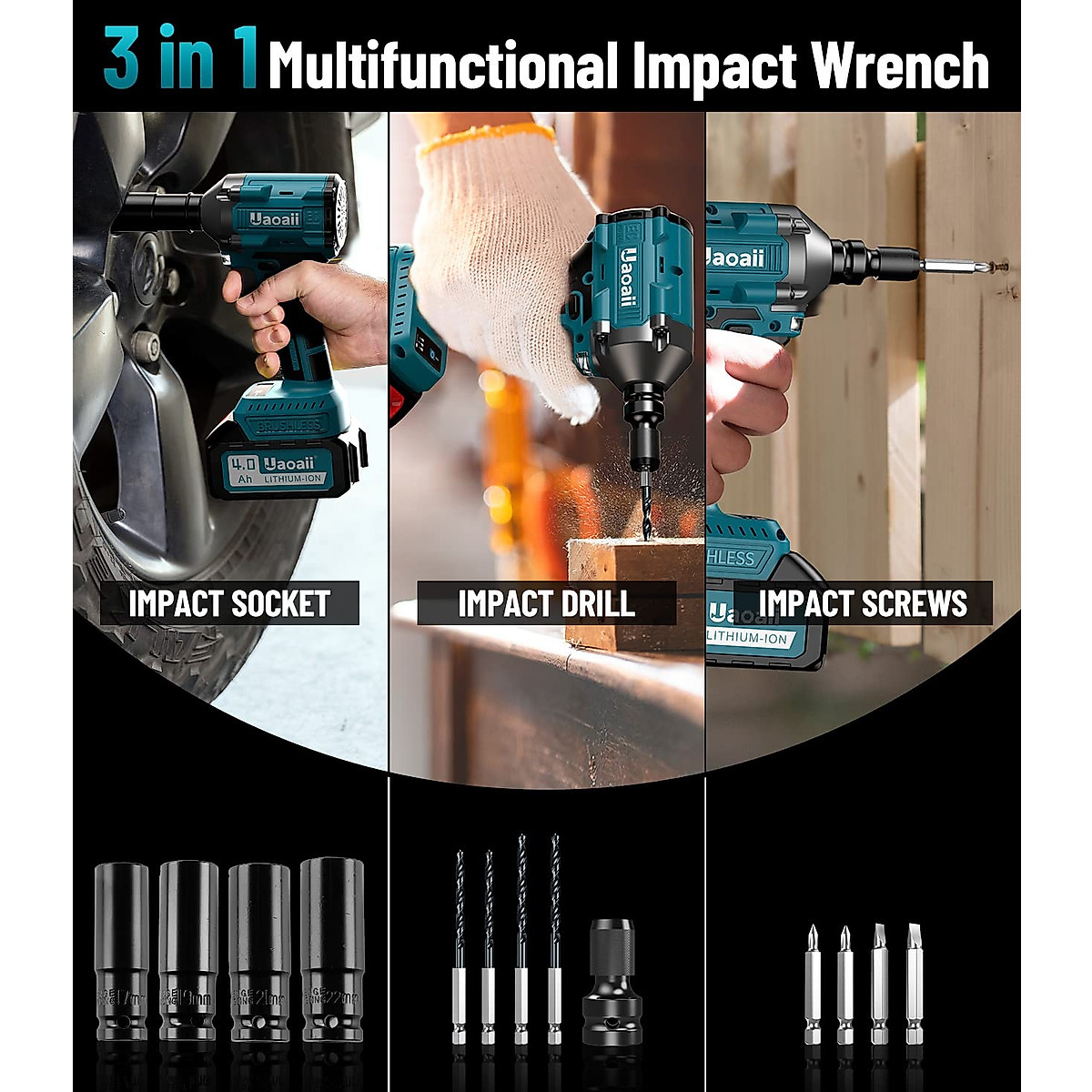 Uaoaii Cordless Impact Wrench Compact Size, 1/2 Power Impact Gun Brushless 420 ft-lbs (550N.m) w/ 4.0A Li-ion Battery, Fast Charger, Sockets, Drill & Screw Bits, 3 in 1 Multi-Function