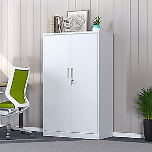 JINKUR Metal Storage Cabinet with Locking Doors and 3 Adjustable Shelves, 53.5-Inch Lockable Storage Cabinets for Home Office Garage Kitchen Pantry (White)
