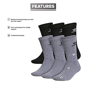 adidas Originals Trefoil Crew Socks (6-Pair), Heather Grey/Black/White, Large