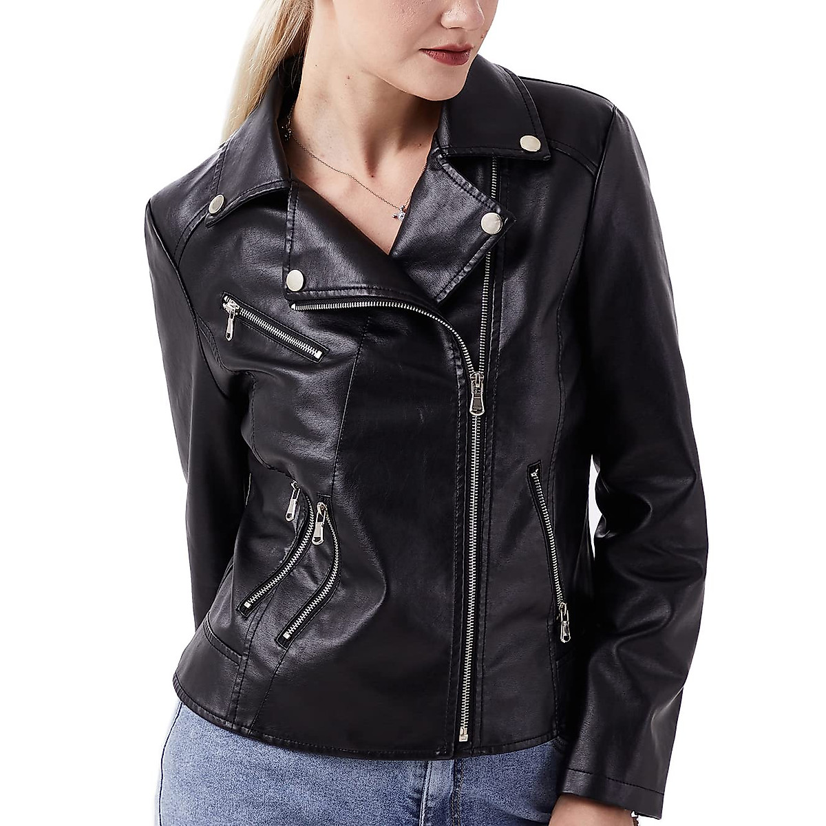 WULFUL Women's Faux Leather Jackets Motorcycle Zipper Biker Short Coat Jacket