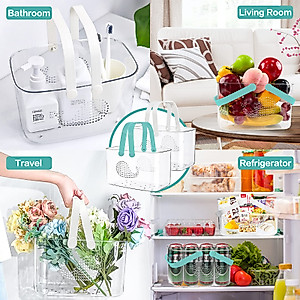 FODIENS 2 Pack Plastic Shower Caddy Basket, Portable Shower Caddy Tote Storage Basket with Handles, Clear Cleaning Supplies Organizer Bin for Bathroom Kitchen College Dorm (White+Cyan)