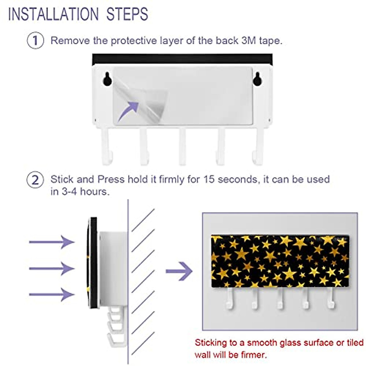 Leather Hook Rack Rail Wall Mounted, Black Background with Golden Stars Coat and Hat Self Adhesive Hooks up for Hanging Pant Towel Key Purse Kitchenware