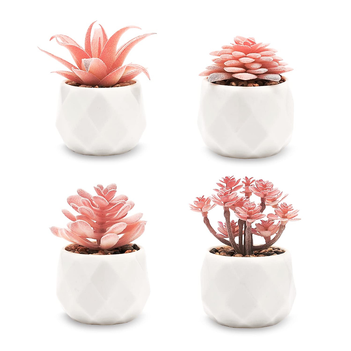 VIVERIE Mini Succulents Plants Artificial in Pots-Rose Pink, Small Fake Succulents Plants for Home Decor Indoor for Women, White Ceramic, Set of 4