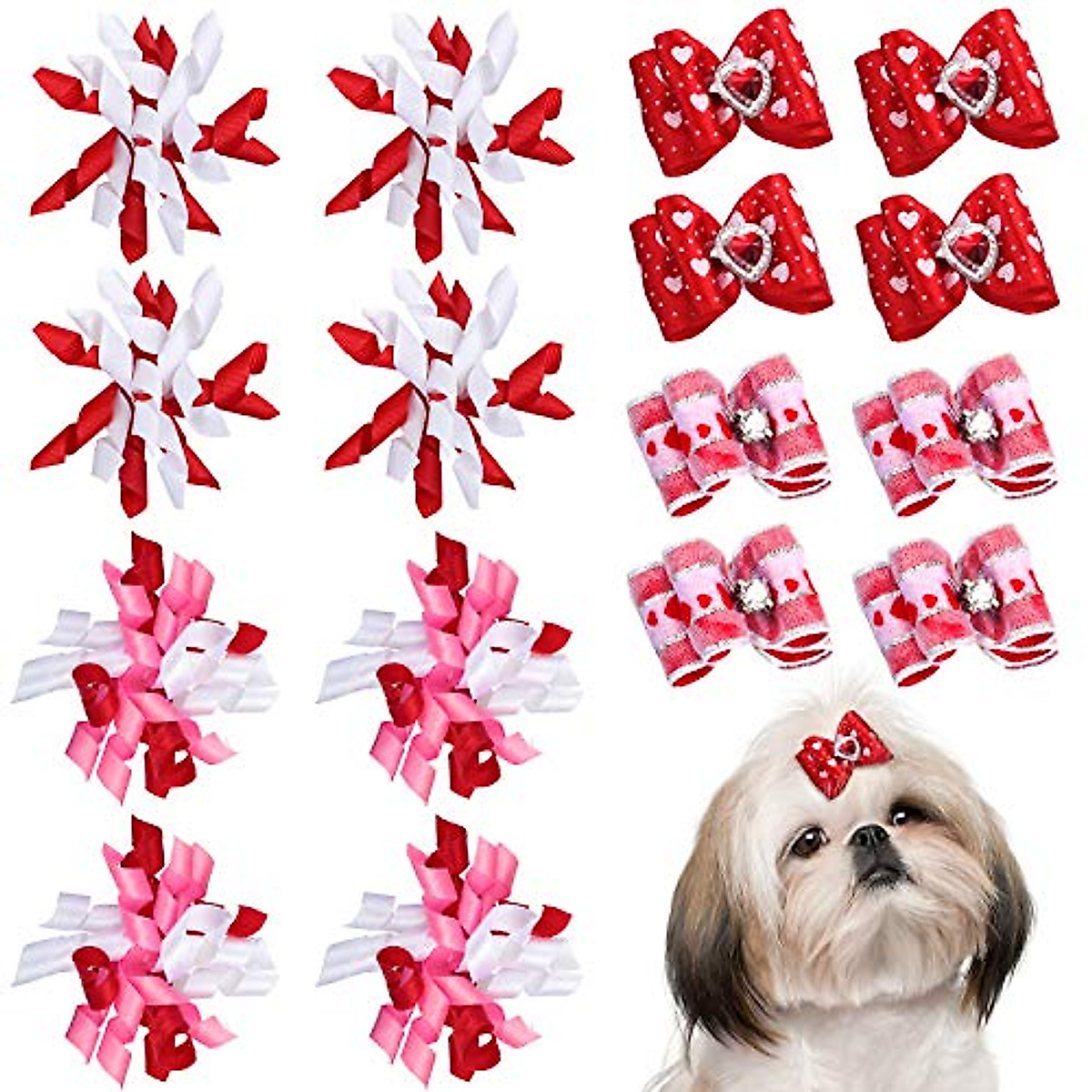 Chuangdi 16 Pieces Valentine's Day Dog Hair Bows Dog Curve Bows Puppy Topknot Hair Bows Mixed Styles Pet Cat Puppy Rhinestone Hair Bows with Rubber Bands Grooming Accessories