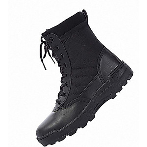 Mens Military Combat Tactical Army Infantry Boots Breathable Round Toe Side Zipper Waterproof Leather Lace-up Shoes for Backpacking Outdoor Hiking Camping Climbing Trekking Hunting Walking Black 5.5