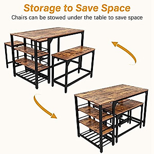 Rxicdeo Dining Table Set for 4, Kitchen Table with 1 Bench and 2 Chairs, Kitchen & Dining Room Tables with Wine Rack and Storage Shelf, Space-Saving Dinette for Kitchen, Dining Room (Brown)