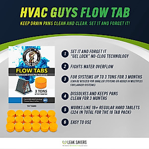 HVAC Guys Flow Tabs with Gel Lock Technology - 18 Pack - Keeps Drain Pans Clean, Prevents Overflow, 3 Ton Tab Lasts up to 3 Months - 1 Tab is equal to 18 Regular Tablets (324 total) - Made in the USA