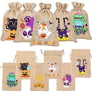 DIYDEC 36pcs Halloween Burlap Gift Bags, Halloween Jute Linen Burlap Treat Candy Goodies Drawstring Bags for Halloween Favors Supplies