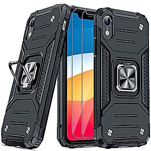 JAME Case for iPhone XR Phone Cases with Screen Protectors 2PCS, Military-Grade Drop Protection, Protective Phone Cases, Car Mount Ring Kickstand Shockproof Bumper Xr Case for iPhone XR 6.1 Inch Black