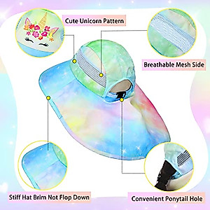 2 Pcs Sun Hat for Girls Unicorn Bucket Summer Hat Kids UV Protection Beach Hat Adjustable Strap Neck Flap Ponytail Cap for Kids 4–12 Years